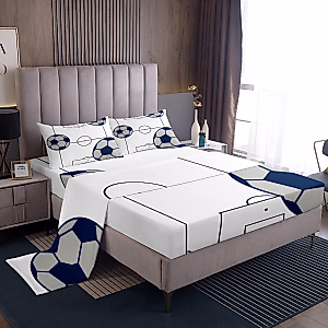 jejeloiu Football Sheet Set Queen Size Kids Football Court Sheets with Deep Pocket Fitted Sheet for Boys Girls Teens Soccer Ball Pattern Bed Sheets Set Breathable Sports Theme Bedding Set Room Decor