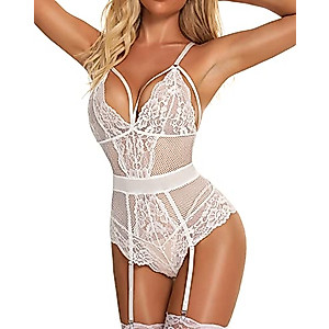 Donnalla Women Lingerie Set with Garter Belt Sexy Lace Bodysuit Fishnet One Piece Teddy (No Stockings)(White Small)