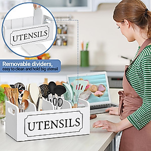 Anwelynd Large 4 Compartments Kitchen Utensil Holder for Countertop, Farmhouse Wood Utensil Caddy Utensil Crock, Rustic Utensil Organizer for Kitchen Counter Cooking Tools Storage Holder