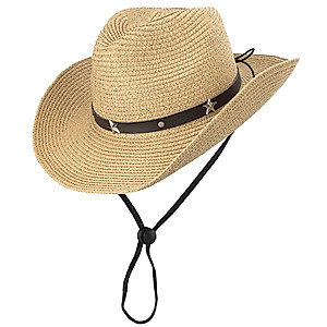 Packable Women's Straw Fedora Western Hat Outback, Beach Cowboy Cowgirl Hat, Beaded Shapeable Brim UV Protection Sun Hat Khaki