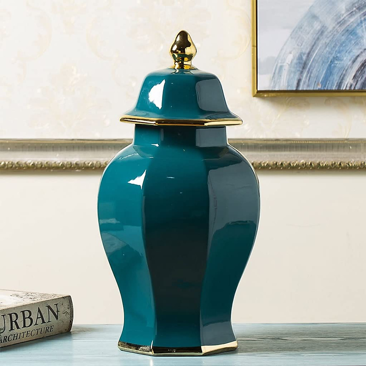 Handmade Green Hexagon Ginger Jar Vase Ornament, Home & Living Room Decorative Jar, Gold-Plated Ceramic Temple Jar (Size : Large)