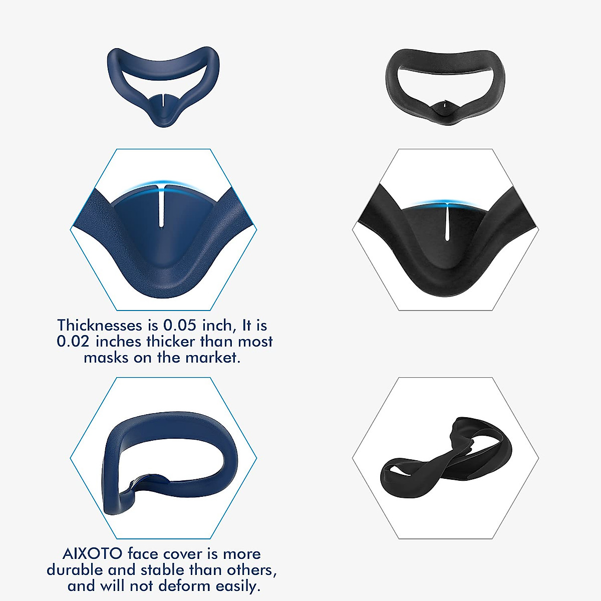 AIXOTO Silicone Face Cover for Oculus Quest 2/Meta, VR Mask Accessories Anti-Light Leakage Face Cushion Replacement with Protective Lens Cover, Sweatproof/Washable 2 Pairs (Navy Blue)