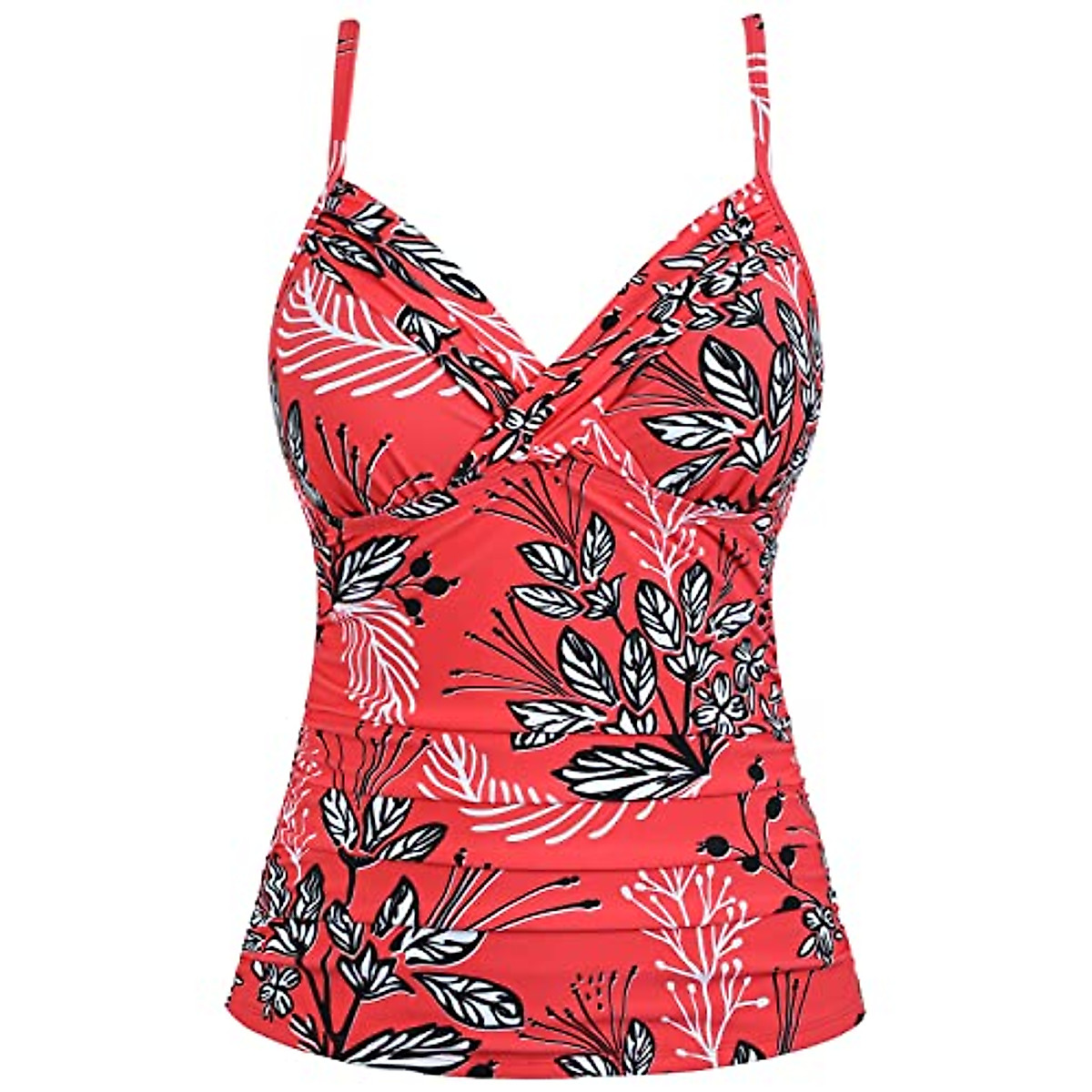 coastal rose Womens Swim Top Ruched Tummy Control Tankini Top Front Cross V Neck Bathing Suit Tops Only US14 Red Floral
