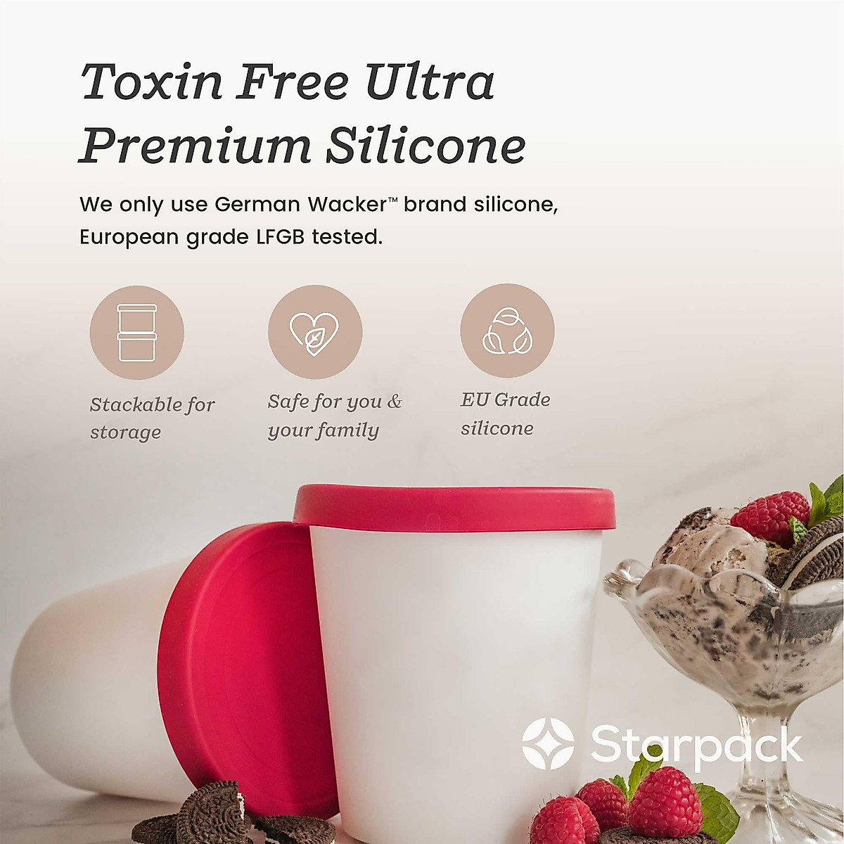 StarPack Ice Cream Containers for Homemade Ice Cream (2 Pcs) - Reusable Ice Cream Storage Containers for Freezer - Leak-Free Ice Cream Containers with Lids (Silicone) - 1 Liter per Ice Cream Container