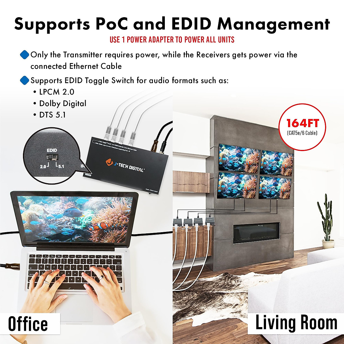 J-Tech Digital HDMI Extender Splitter 1x4 Over Single Cat5e/6 Ethernet Cable Up To 164ft. Supports PoC HDMI Loopout IR Control EDID Switch