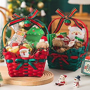 Christmas Baskets for Gifts Empty Hand-Woven Rectangle Red & Green Storage Baskets with Handle & Bow, Small Xmas Tote Basket for Holiday Decorative Present Wrapping (Red)