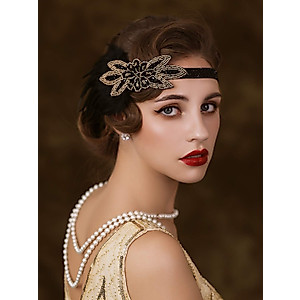 SWEETV 1920s Flapper Feather Headband, 20s Sequined Showgirl Headpiece, Gatsby Hair Accessories for Women (Black)