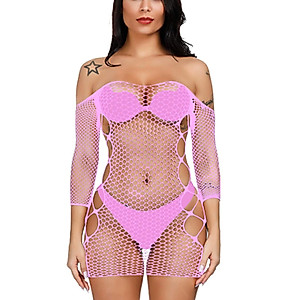 Vorifun Women Fishnet Lingerie Sleepwear One Piece Babydoll V-Neck Mini Dress One Size Pink