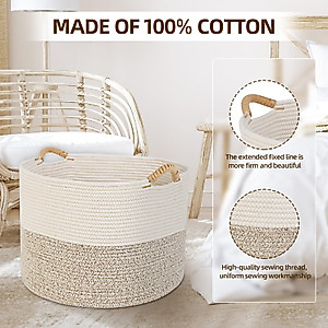 Large Cotton Rope Woven Laundry Basket (20"x14"), Blanket Basket for Living Room, Wicker Laundry Basket with Handle, Clothes Hamper, Round Storage Basket for Clothes, Hamper for Bedroom Aesthetic