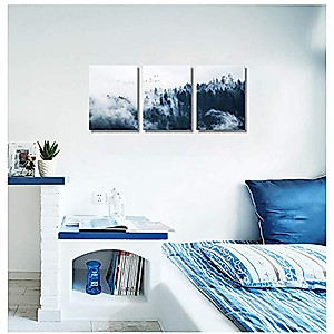 Indigo Misty Forests Wall Pictures for Bedroom Modern 3 Pieces Canvas Wall Art Mountain Forest in Fog Navy Blue Wall Decorations Minimalist Canvas Art Evergreen Coniferous Trees Gallery Wrapped