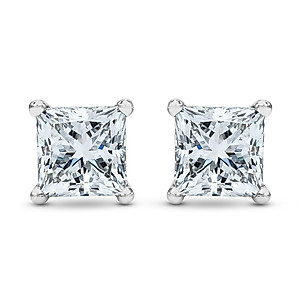 Houston Diamond District 1/2 Carat 14K White Gold Solitaire Stud Earrings Princess Cut 4 Prong Push Back (G-H Color, I1 Clarity)