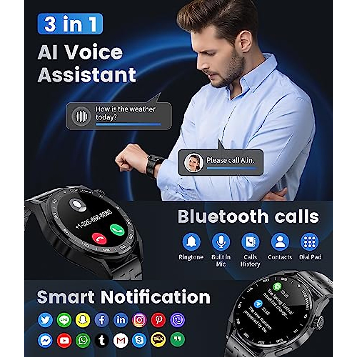 Smart Watch for Men with Bluetooth Call, Activity Fitness Tracker Blood Oxygen Heart Rate Sleep Monitor Pedometer,1.39" DIY HD Screen 100+ Sport Modes, 5ATM Waterproof iOS Android Smartwatch Black