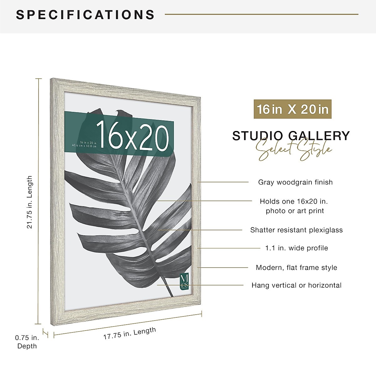 MCS Studio Gallery 16x20 Poster Frame Gray Woodgrain, Vertical & Horizontal Wall Hanging Large Picture Frame for Photos, Posters & Art Prints (1-Pack)