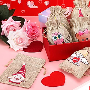 JUNEBRUSHS 42 Pack Valentines Burlap Bags, Small Valentine Gift Bags with Drawstring Valentine's Day Goodie Bags for Kids Baby Shower Wedding Party Favor Bags Heart Treat Candy Bags Fillers