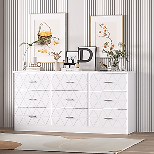 GarveeHome 9 Drawer White Dresser for Bedroom with Power Outlet, 63'' Wooden Large Dresser with Wide Drawer, Modern Chest of Drawers for Closet, Storage Organizer Long Dresser for Hallway, Living Room