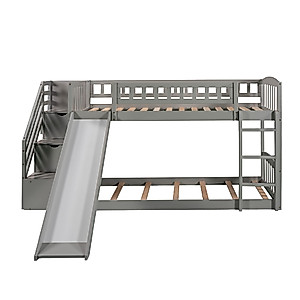 Harper & Bright Designs Kids Bunk Bed Twin Over Twin, Wooden Bunk Bed with Slide and Guardrail, Floor Bunk Bed with Stairway/Two Drawers/Handrail, Space-Saving Bedroom Dormitory Furniture (Gray)