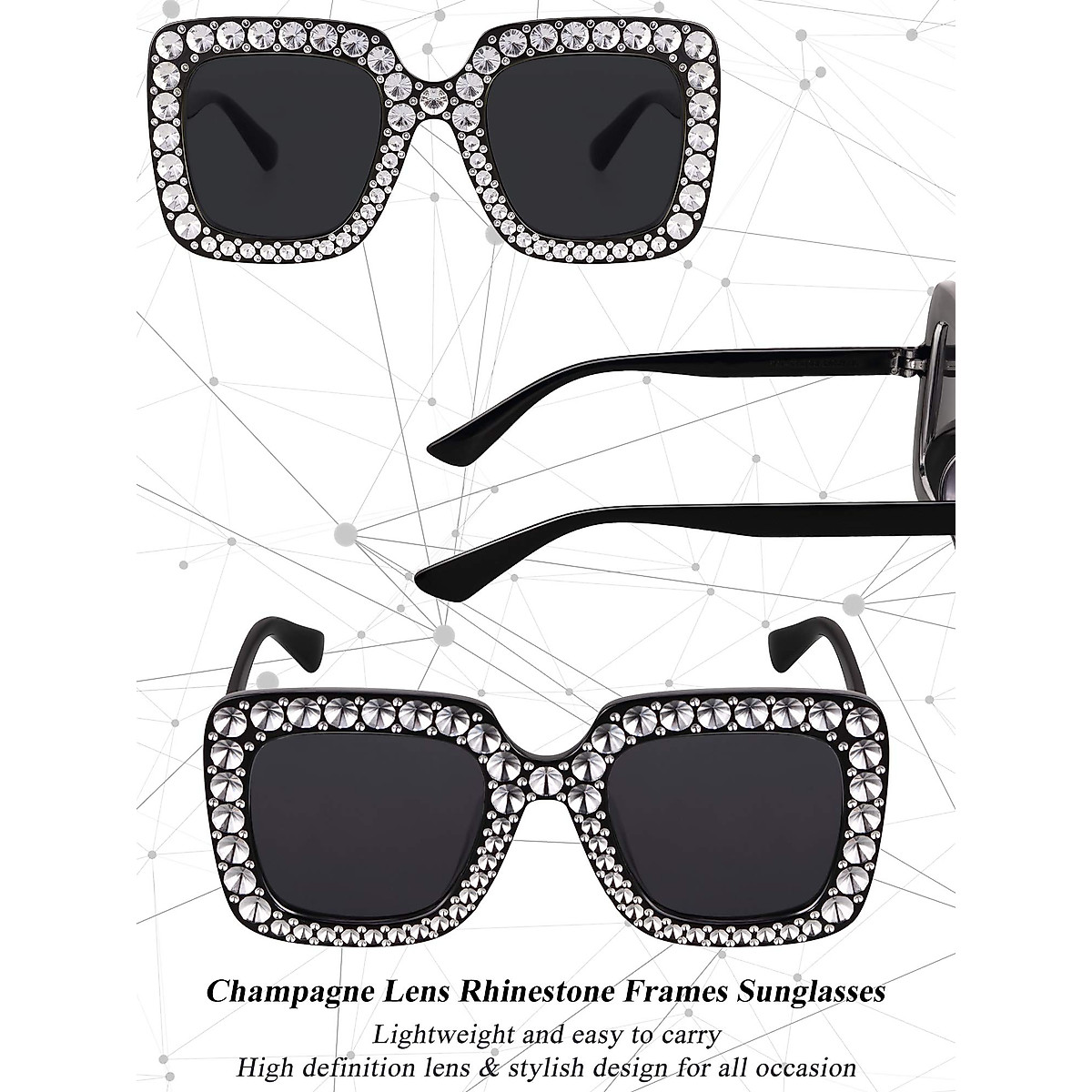 Frienda Women Oversize Square glitter Sunglasses Retro Thick Frame Disco Sunglasses (Black)