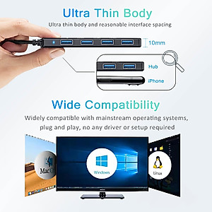 USB Hub for Laptop, 4-Port USB 3.0 Hub USB Splitter USB Extender for Laptop, MacBook, Mac Pro, Mac Mini, iMac, Surface Pro, XPS, PC, Flash Drive, Mobile HDD