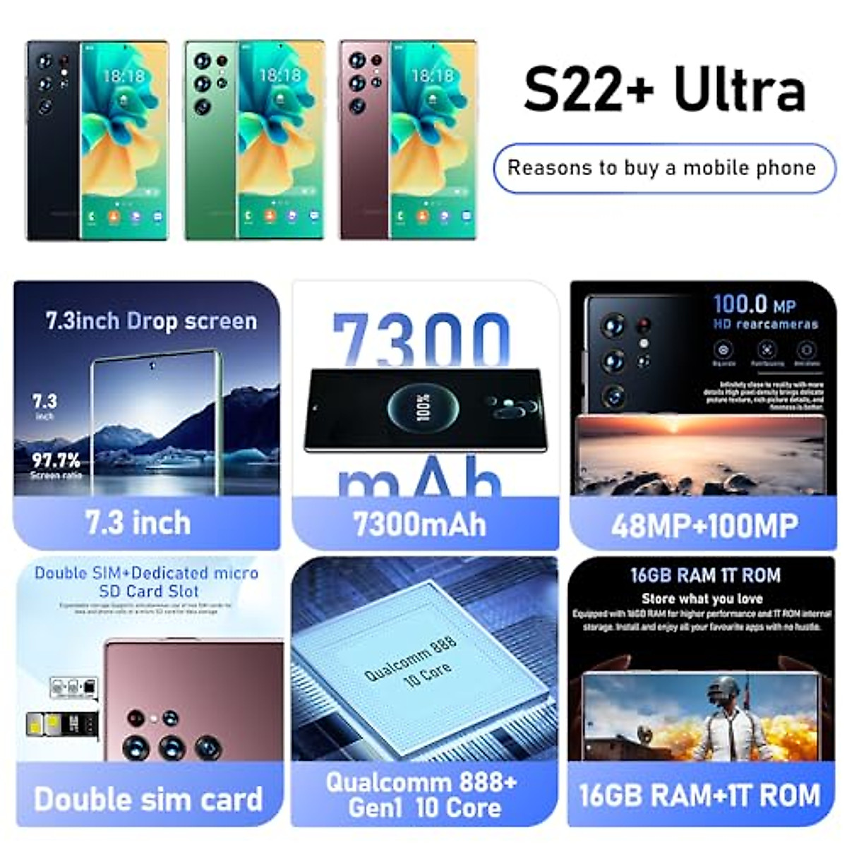 New S22 Ultra Smartphone 5G 7.3inch Full Screen 5G 16GB RAM 1TB ROM 7300Mah Mobile Phones Global Version 100MP HD Triple Camera Multi Language Support,Green-1TB