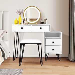 AVZEAR Vanity Mirror, Dressing Table with Lighted Mirror Makeup Dressing Table with Large Drawer and 4-Drawer Chest, 3-Color Touch Screen Dimmable Mirror with Cushioned Stool, White