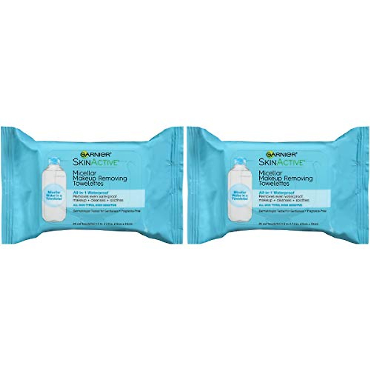 Garnier Micellar Facial Cleanser & Makeup Remover Wipes for Waterproof Makeup (25 Wipes), 2 Count (Packaging May Vary)