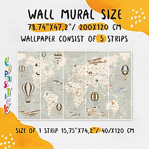 Kids Wallpaper World Map with Animals Wall Mural Removable Peel and Stick Wall Murals for Girls Boys Kids Waterproof Wallpaper Room Bedroom Living Room Self Adhesive Mural Wallpaper Size 78.74x47.24in