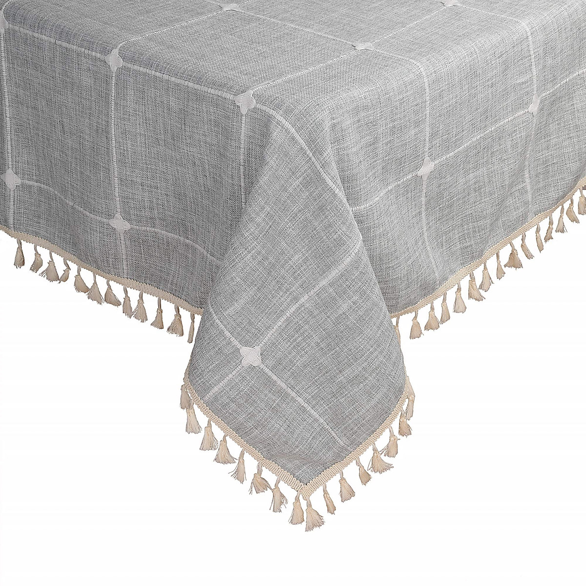 Bettery Home Cotton Linen Rectangular Tablecloth Tassel Plaid Table Cloth for Dining Kitchen Room Tabletop Decoration, 36" x 52" Grey
