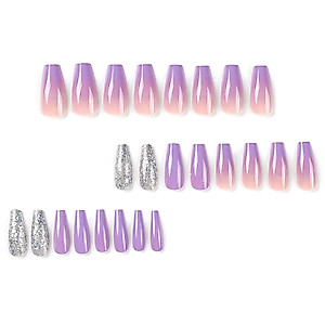 Press on Nails Medium Coffin SWEKKE Fake Nails Purple French Gradient Full Cover False Nails with Glitter Designs Acrylic Nails Glossy Glue on Nails Reusable Artificial Nails for Women Manicure