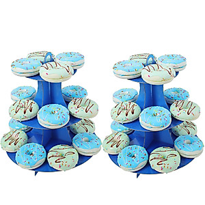 2 Set Navy Blue 3-Tier Round Cardboard Cupcake Stand for 24 Cupcakes Perfect for Blue Baby Shower Birthday Party Supplies (Navy)
