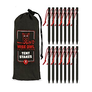 Wise Owl Outfitters Tent Stakes - Heavy Duty Camping Stakes for Outdoor Tent & Tarp - Essential Camping Accessories, Available in 12pk or 16pk Black