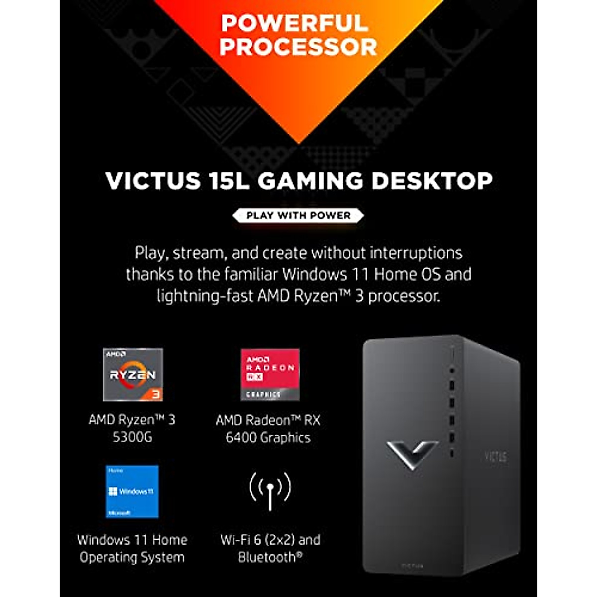 HP Victus 15L Gaming Desktop Computer Bundle PC, AMD Ryzen 3 Processor, 8 GB SDRAM, 256 GB SSD, Windows 11 Home OS, Surround Sound, Wi-Fi 6 and Bluetooth (TG02-0110, 2022)
