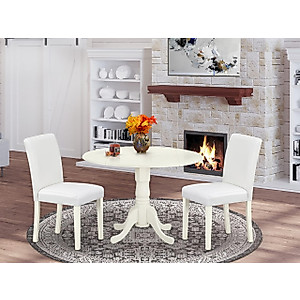 East West Furniture DLAB3-LWH-64 3 Piece Dinette Set for Small Spaces Contains a Round Dining Table with Dropleaf and 2 White Faux Leather Parson Dining Chairs, 42x42 Inch, Linen White