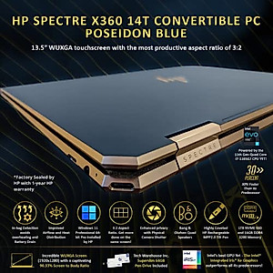 HP Spectre x360 Luxury 14T, 13.5" 3:2 WUXGA Touch, Intel i7-1165G7, 16GB RAM, 1TB SSD, Win 11 Pro, Bang&Olufsen Quad Speakers, Fingerprint, Tilt Pen, Poseidon Blue, 64GB TechWarehouse Flash Drive