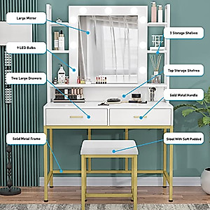 PAKASEPT Vanity Table with Lighted Mirror, Elegant Makeup Vanity Dressing Table with LED Lights and 2 Drawers & Cushioned Stool & Storage Shelves for Women Girls (White)
