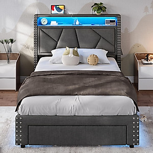 VIAGDO Twin Bed Frames with LED Lights, Upholstered Platform Bed Frame Twin Size with Storage Headboard and Charging Station, LED Twin Bed Frame, No Box Spring Needed, Dark Grey