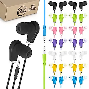 JustJamz Earbuds Bulk Bits, 30 Pack | Multicolored Earbuds Pack, in-Ear 3.5mm Stereo in-Ear Earphones, Ear Buds Bulk, Disposable Headphones, Multi-Color Earphones | School, Kids, Classroom, Library