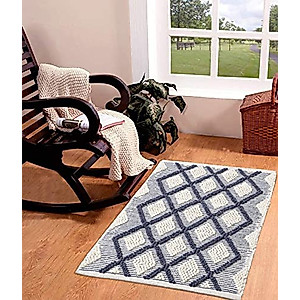 Home Talk Store Wool Area Rug | Handcrafted Traditional Rugs | Non-Skid Carpet | Modern Indoor Shag Rugs for Bedroom, Home Décor, Dining Room | Wool Mats | 2’x 3’ | White & Navy