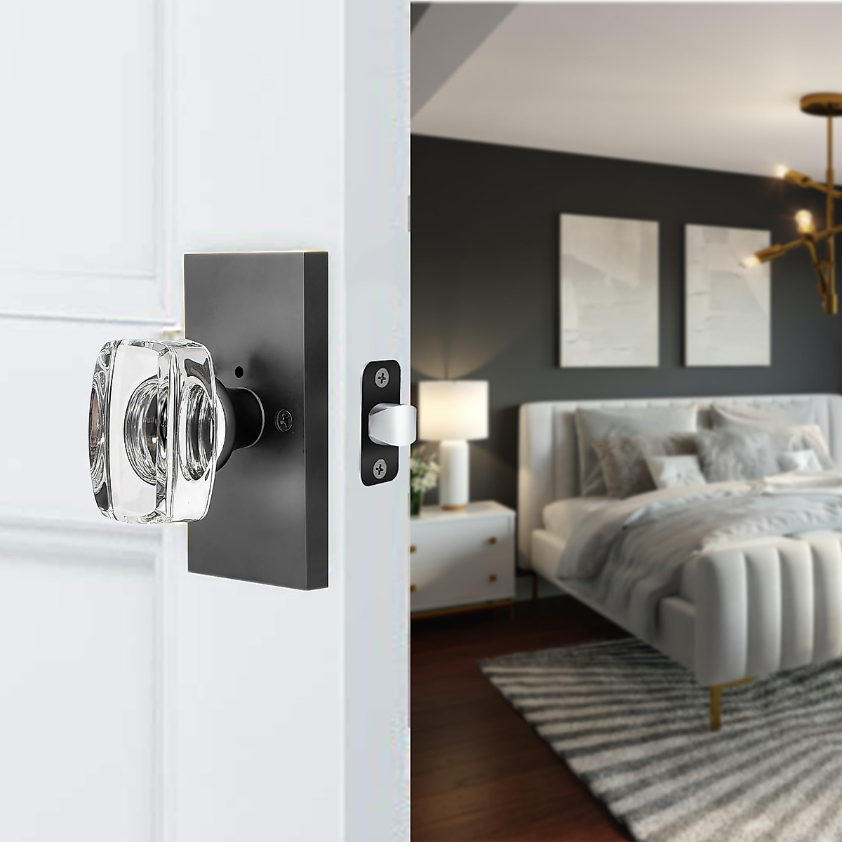 HIEMEY Glass Door Knobs Interior with Lock, Crystal Modern Privacy Door Knob for Bedroom Bathroom, Matte Black