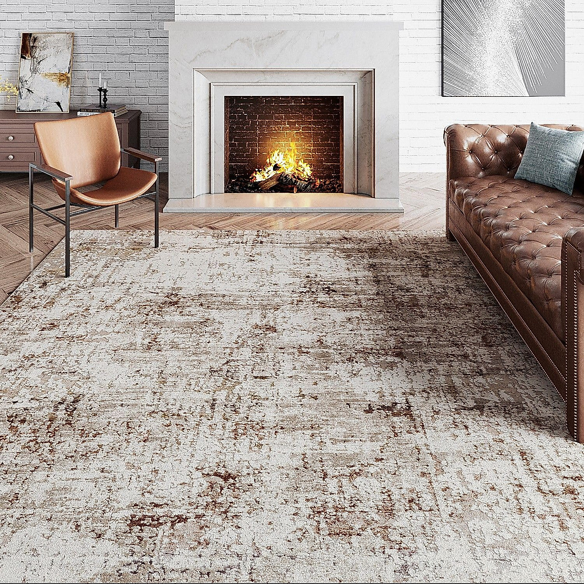PureCozy Modern Brown Area Rug 4x6 Machine Washable Living Room Rug Kitchen Mat Non Slip Entryway Rug Indoor Accent Rug Abstract Distressed Throw Rug for Dining Room Bathroom