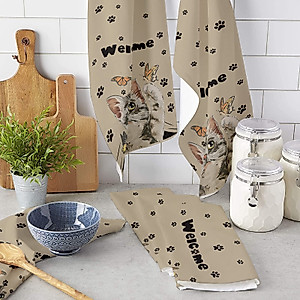 Big buy store Kitchen Towels Set of 4 Cat Welcome Butterfly Dish Towels and Dishcloths Sets Decorative Tea Towel Retro Paws Absorbent Hand Towels for Kitchen Drying Bathroom Decor Gift 18x28 Inch