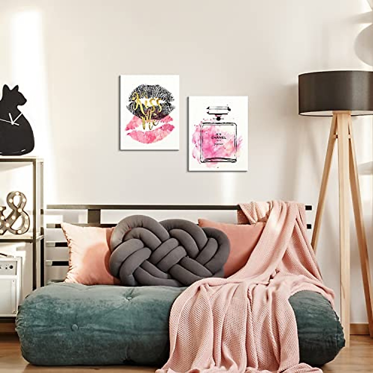 Creoate Fashion Women Canvas Wall Art for Girls Bedroom 2 Pieces Modern Pink Perfume Lady Lips Poster Canvas Print Artwork Framed Set for Women Room Decor,Wrapped Canvas,12x15 Inch x2pcs