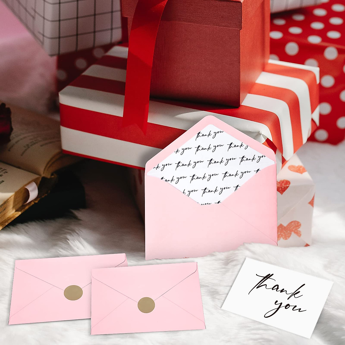 AZAZA Bridal Shower Thank You Cards with Envelopes, 100 Pack, Modern Minimalistic Design, 4x6 Inch, Pink