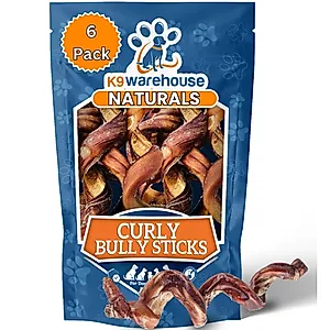 K9warehouse® - Curly Bully Sticks for Dogs - 5 to 8 inch, 6 Pack - High Protein, Odor Free Springs, Natural Pizzle Spiral Dog Chews - Perfect Treats for Small, Medium, Large Dogs - Rawhide Alternative