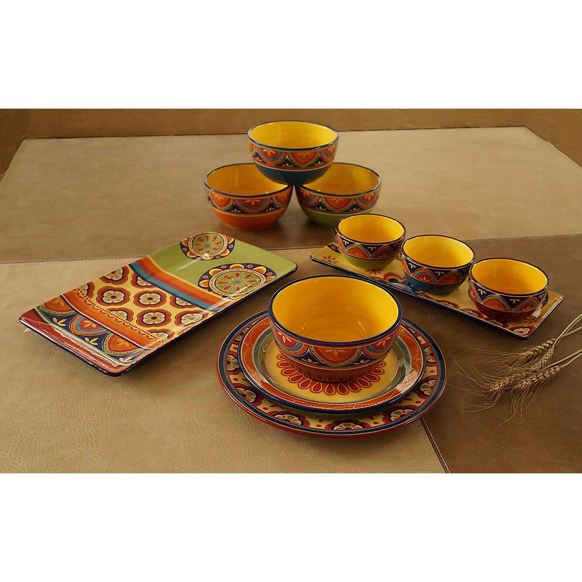 Bico Vintage Tunisian Ceramic Dipping Bowl Set (9oz bowls with 14 inch platter), for Sauce, Nachos, Snacks, Microwave & Dishwasher Safe