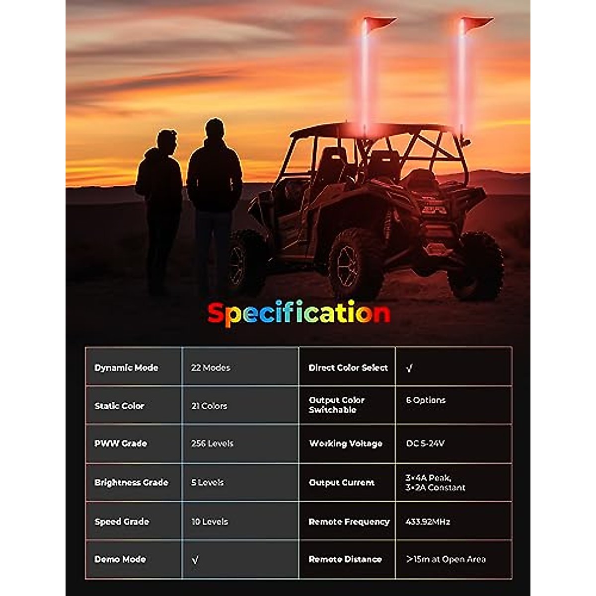 KEMIMOTO 5FT 2PCS LED Whip Lights with Spring Bases for UTV ATV, 22 Modes 21 Colors 5 Brightness 10 Speed IP67 Waterproof Wireless Control, compatible with Can Am Maverick X3 Polaris RZR Kawasaki SxS