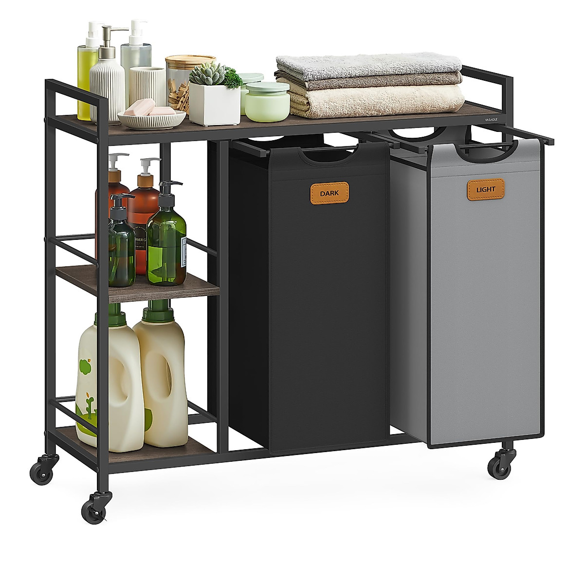 VASAGLE Laundry Hamper with 2 Compartments, 26.4 Gal. (100 L) Laundry Sorter, Rolling Laundry Cart with Shelves, Removable Liners, 6 Labels, Chestnut Brown, Ink Black and Dove Gray UBLH311B02