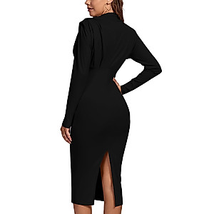 LYANER Women's Ruched Mock Neck Split Back Long Sleeve Cocktail Party Bodycon Midi Dress Solid Black Medium