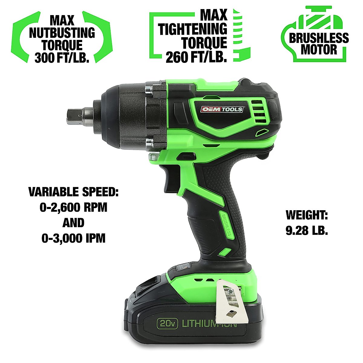 OEMTOOLS 24486 1/2" Impact Wrench, 20V Brushless Cordless Impact, Cordless Impact Wrench 300 Ft/Lb Torque, Variable Speed, 1/2 Impact for Lug Nuts and High-Torque Applications