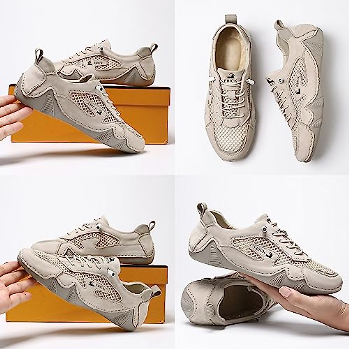 Boxpopla Women's Leather Outdoor Mesh Trail Shoes for Hiking & Walking Unisex Non-Slip Slip On Lightweight Sneakers Breathable Comfort Soft Summer Sports Driving Shoes (Beige,14)