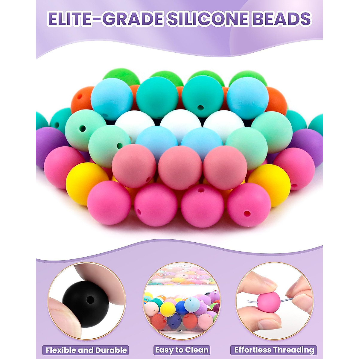 150PCS FIVEIZERO Silicone Beads 15mm for Keychain Making, Bulk Rubber Beads for DIY Crafts, Bracelets, and Necklaces - Silicone Beads Bulk, Keychain Beads, Rubber Beads for Pens.(Black)